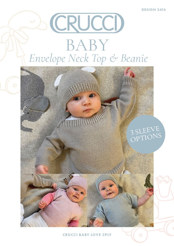 Crucci Knitting Pattern 2416 Baby Envelope Neck Top + Beanie in 3 Ply ...